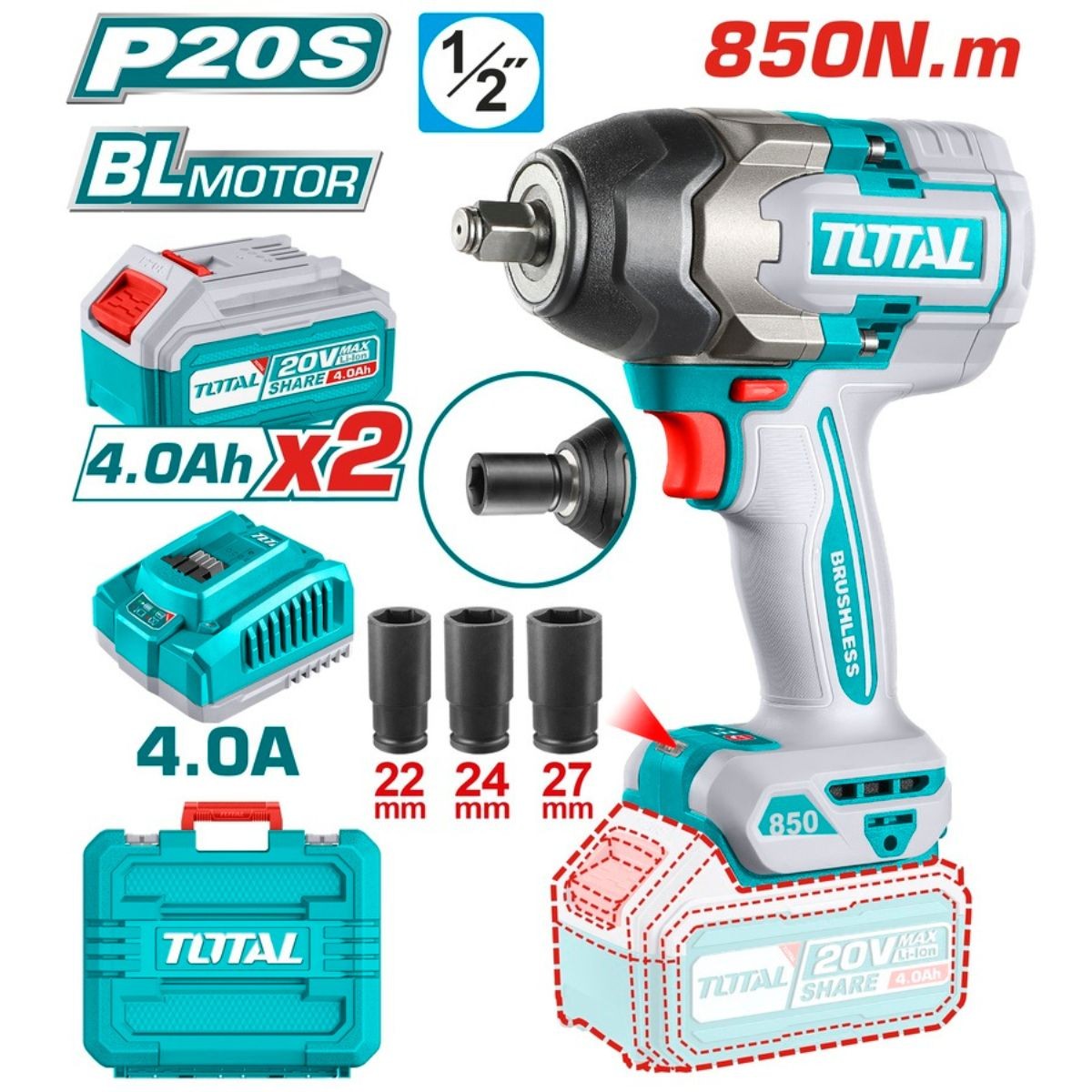 TOTAL ΕΠΑΓΓ. ΜΠΟΥΛΟΝΟΚΛΕΙΔΟ ΜΠΑΤ. Li-ion 20V / 4Ah / 850Nm / 2 ...
