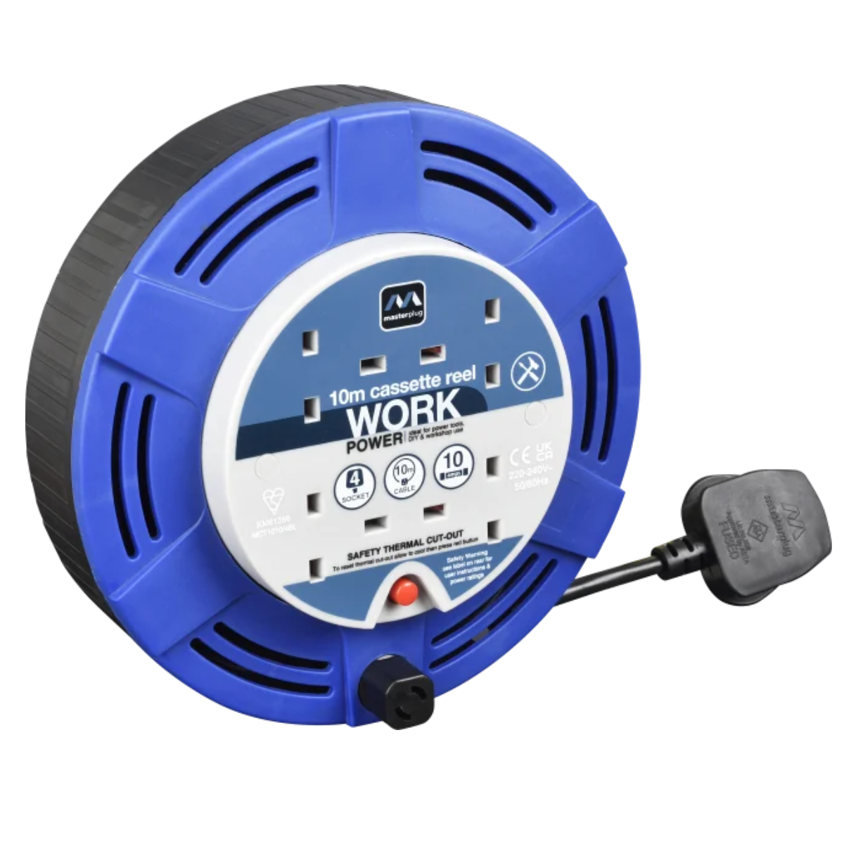 Masterplug 10m 4 Socket Medium Cassette Reel with Thermal Cut-Out and ...
