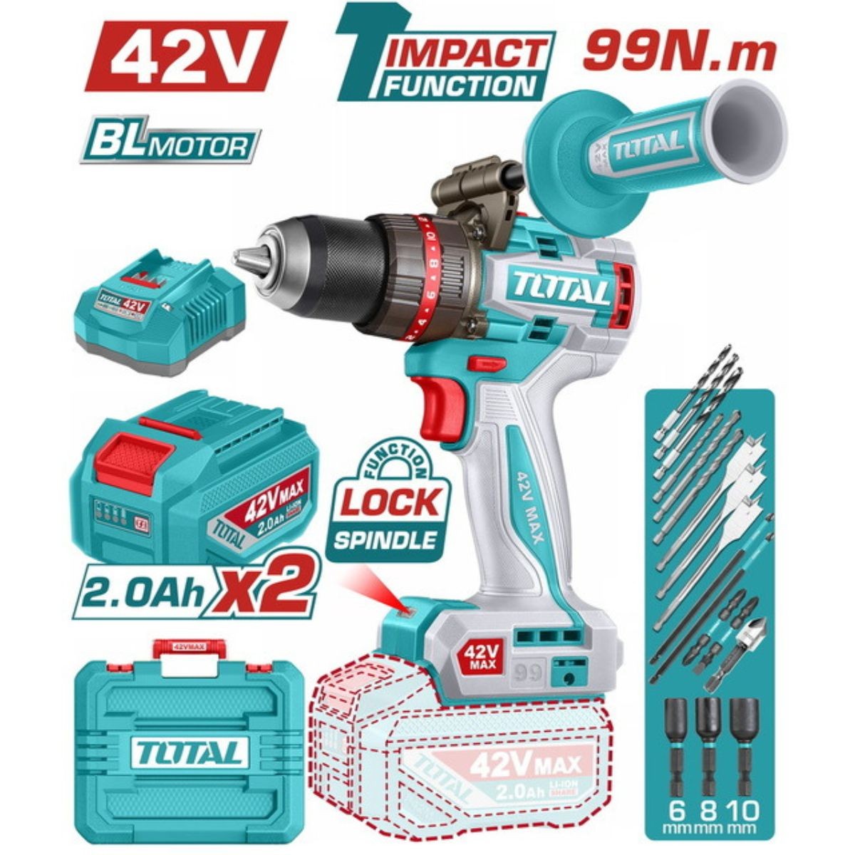 TOTAL ΕΠΑΓΓ. ΔΡΑΠ/ΒΙΔΟ ΚΡΟΥΣΤΙΚΟ ΜΠΑΤ. Li-ion 42V / 2Ah / 99Nm / 2 ΜΠΑΤ ...